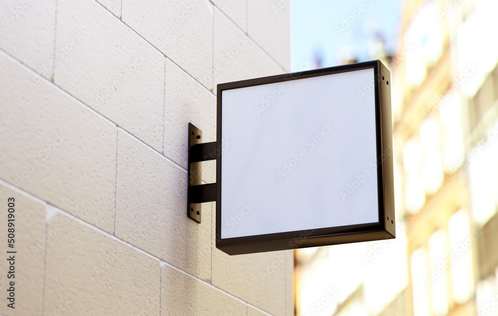 Square wall sign board mockup hung on a business facade. Outdoor store ...