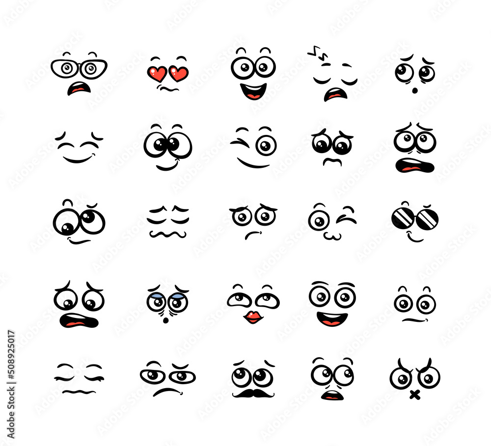 Vector de Stock Various Cartoon Emoticons Set. Doodle faces, eyes and ...