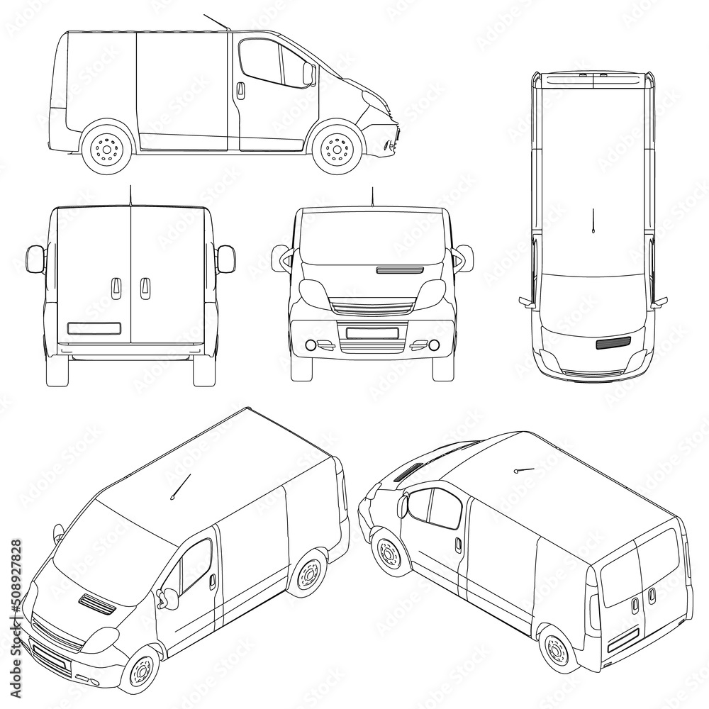 Set with outlines of a van from black lines isolated on a white ...