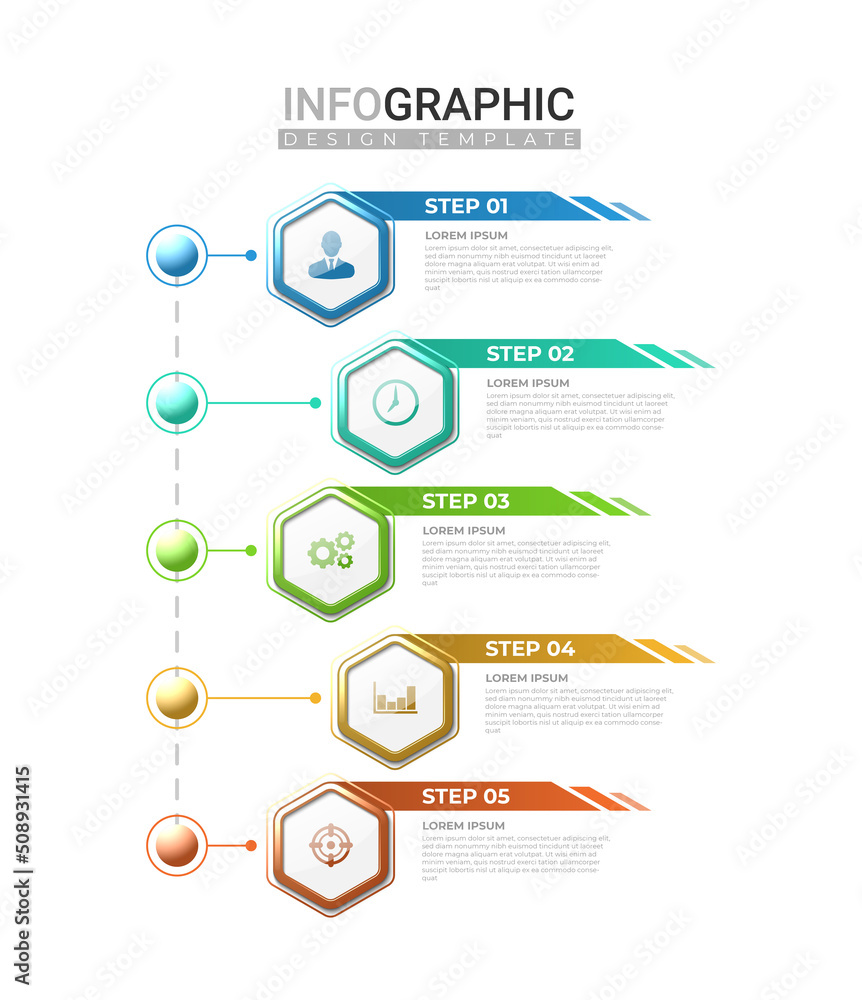3d realistic infographic label in 5 steps. Horizontal infographic with colorful gradient ...