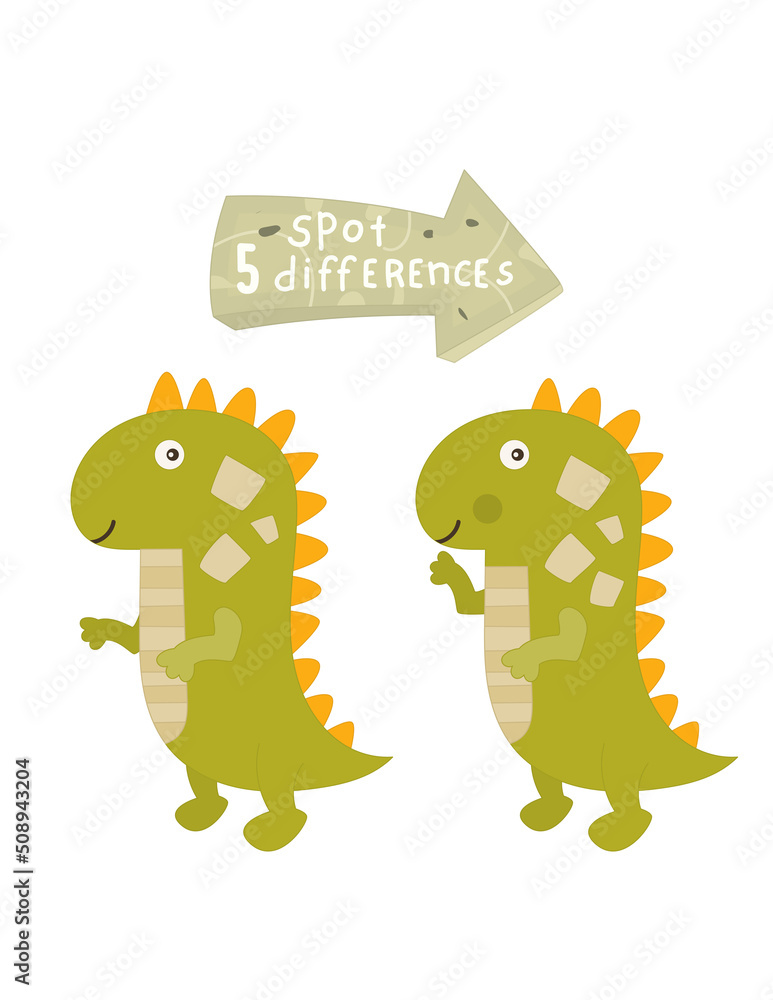 Dinosaurs Games and Activities for Kids. Spot 5 Differences. Cute Green ...
