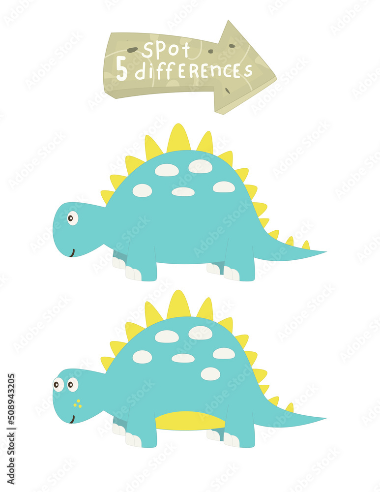 Dino Games and Activities for Kids. Spot 5 Differences. Cute Little ...