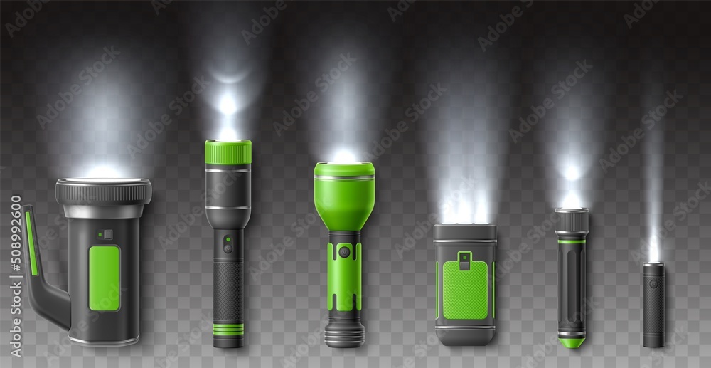 Flashlights with rays. Luminous realistic electric torches, flashing ...