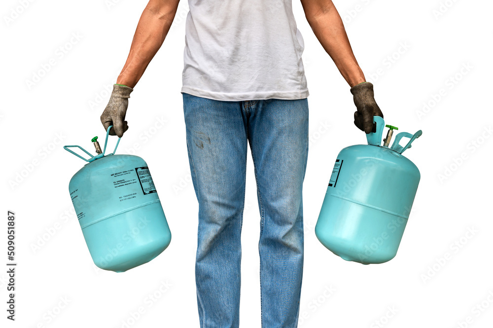 Male holding tank of Refrigerant isolated on white background.R32 ...