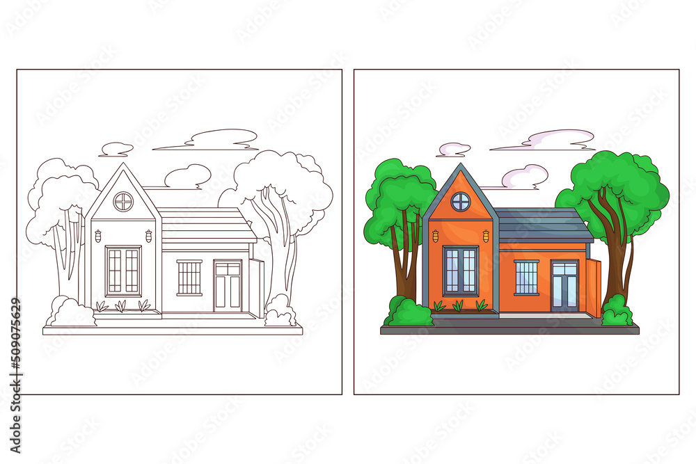 Hand_drawn_cute_homes_coloring_page_(4) Stock Vector | Adobe Stock
