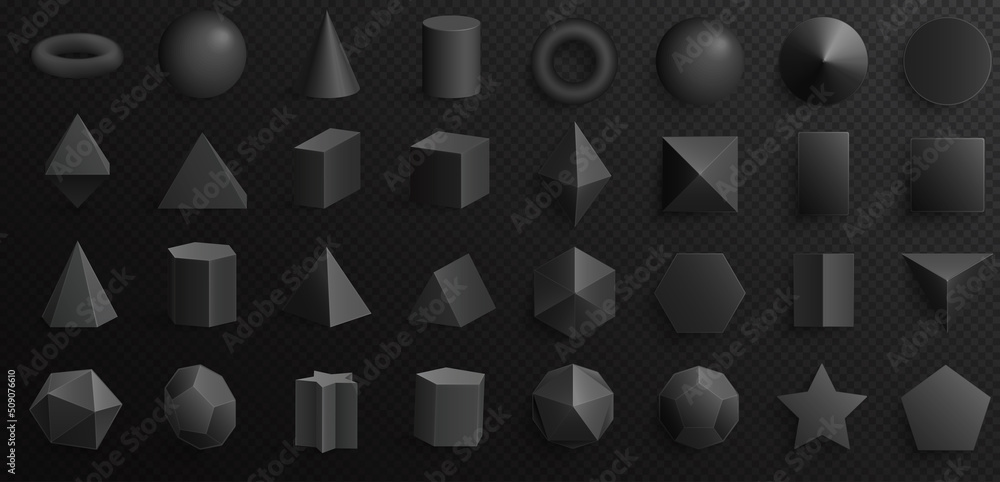 3d geometric black figures and objects set vector illustration ...