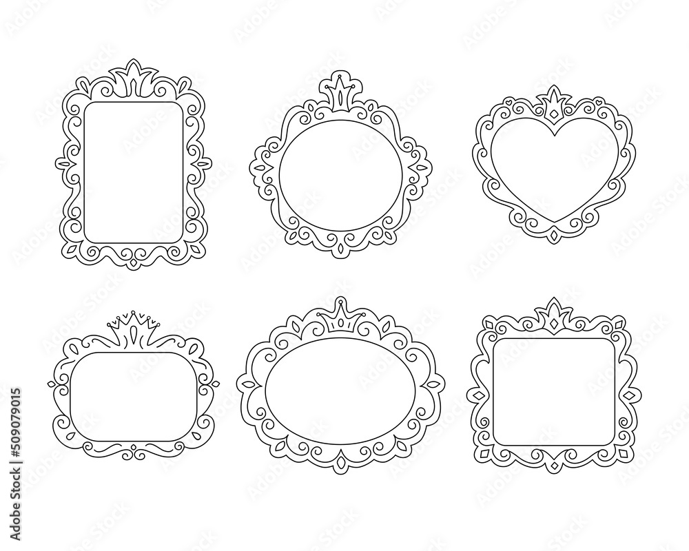 Princess frame set. Royal mirror frame and majestic prince doodle ...
