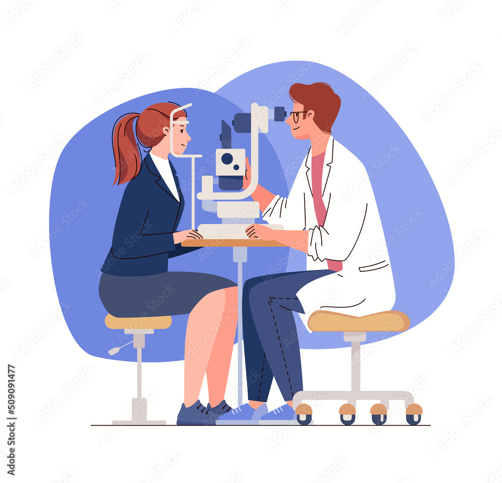 Diagnosis of eye diseases. Optometrist checks woman's vision using ...