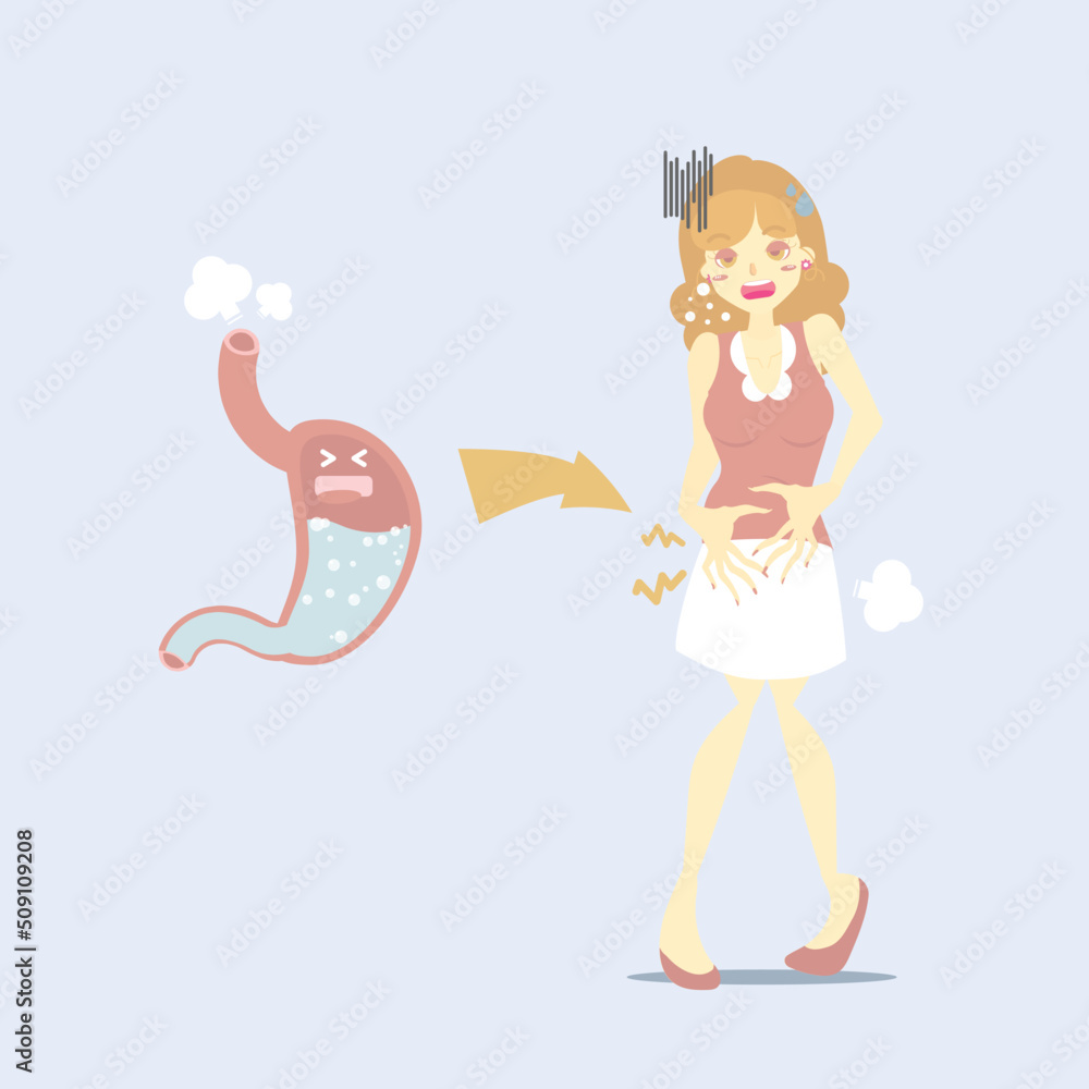 woman bloating, having gases in stomach, belching, farting, disease ...