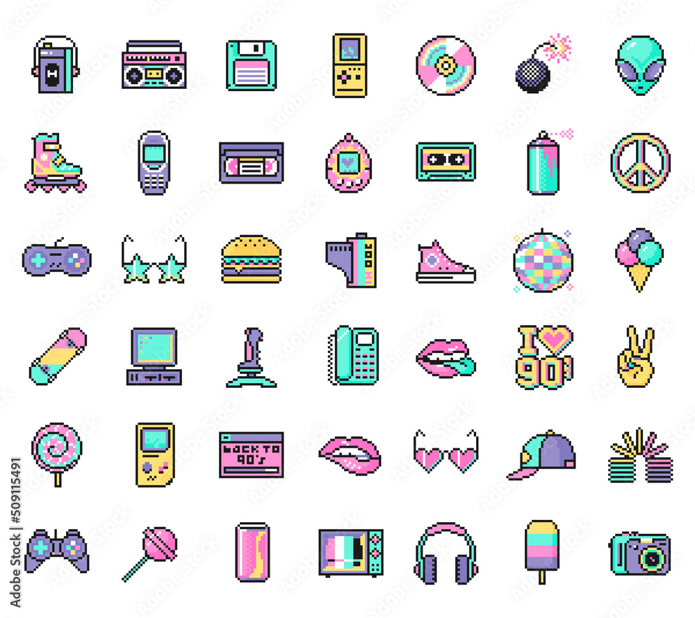 Set of 90s and Y2k icons in pixel art design isolated on white ...