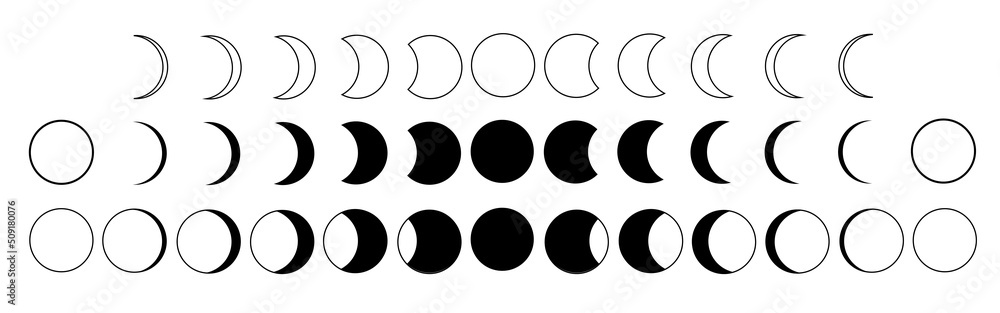 Moon phase. Lunar cycle black icons set. Stages of the full moon, the ...