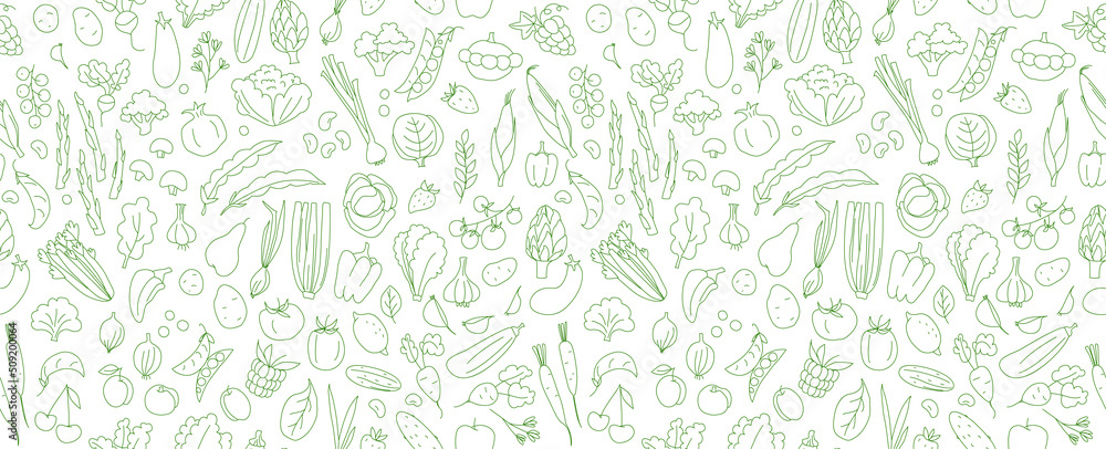 Seamless background pattern of organic farm fresh fruits and vegetables ...