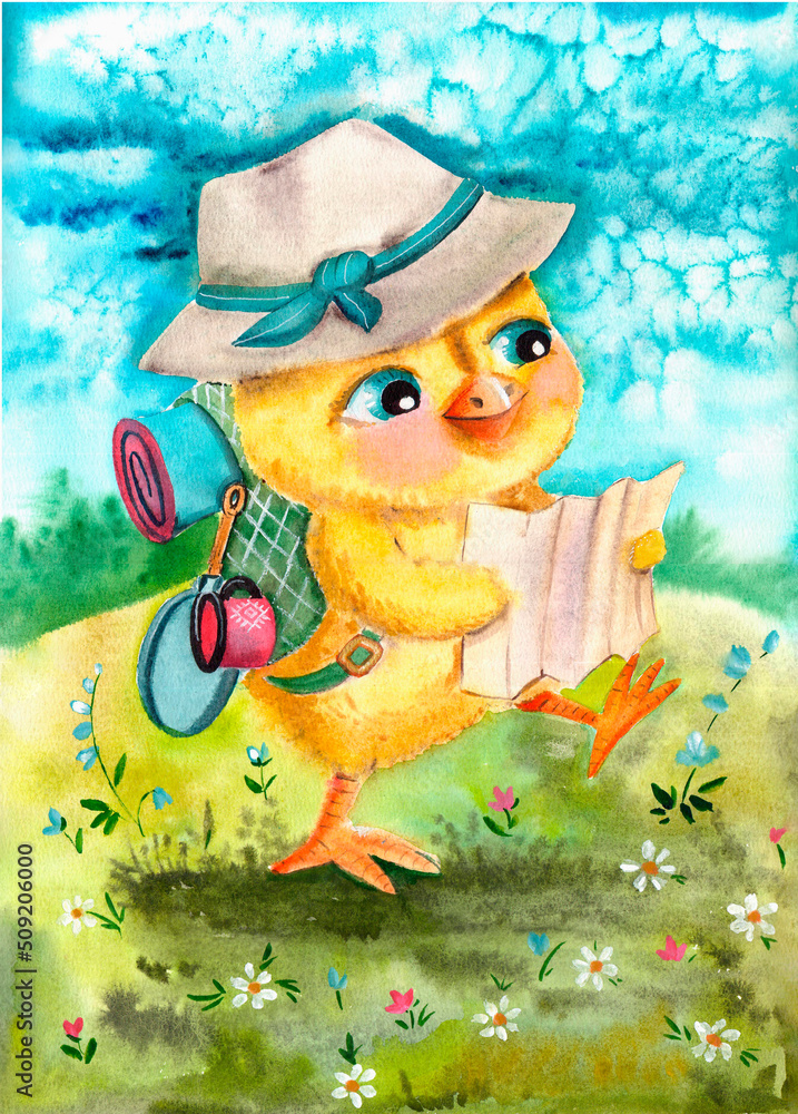 Watercolor scout chicken with backpack and map in the hat against the ...