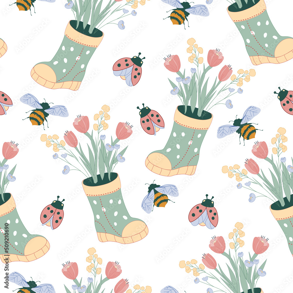 Seamless pattern for spring and summer with wellies boots, ladybug and ...