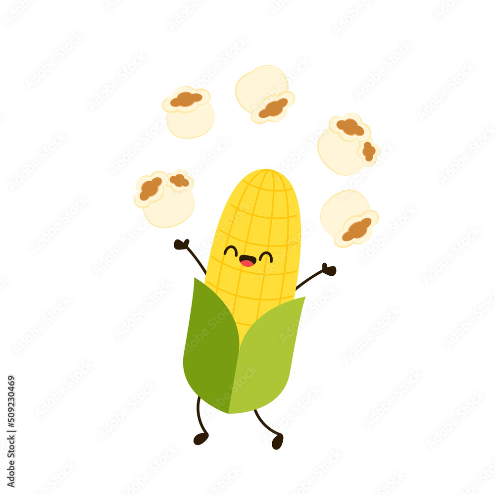 Corn and popcorn cartoon. Vector mascot, cartoon and illustration of a ...