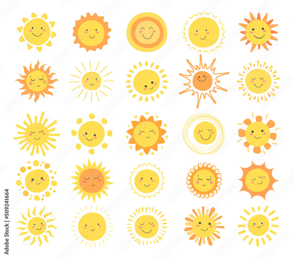 Cartoon kawaii sun set. Cute shining sun emoji elements icons. Childish ...