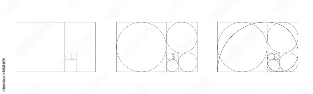 Golden ratio icons set. Rectangle frame fracted on squares, circles and ...