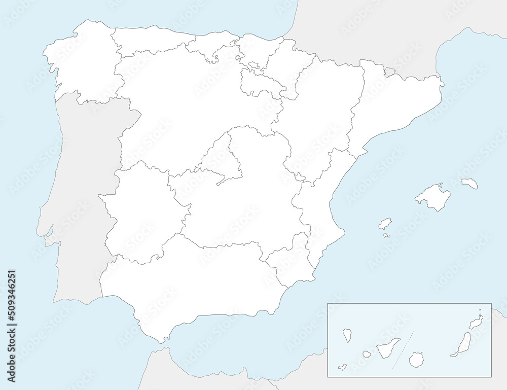 Vector blank map of Spain with regions and territories and ...