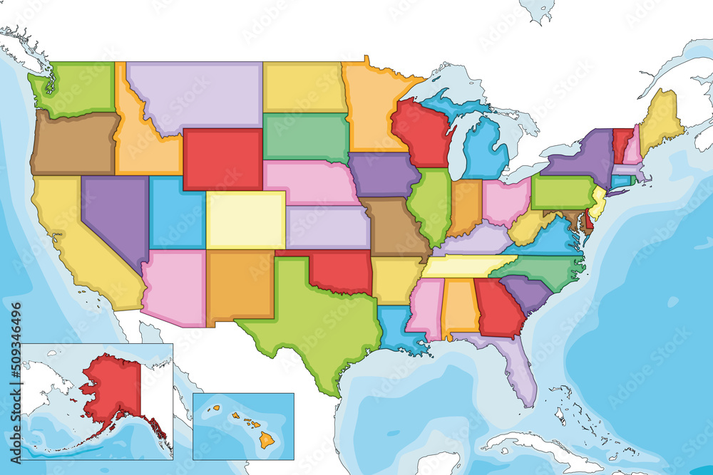 Vector illustrated blank map of USA with states and administrative ...