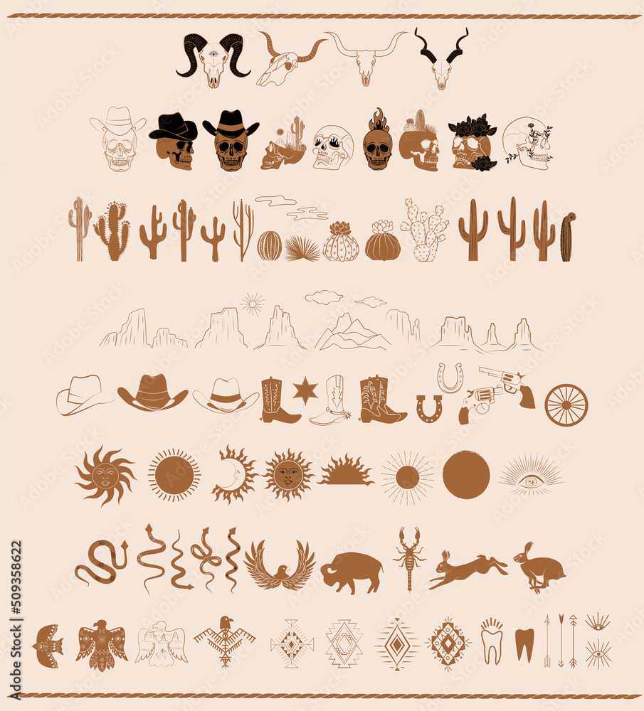 Wild West elements collection with cactus, skull, desert landscape ...