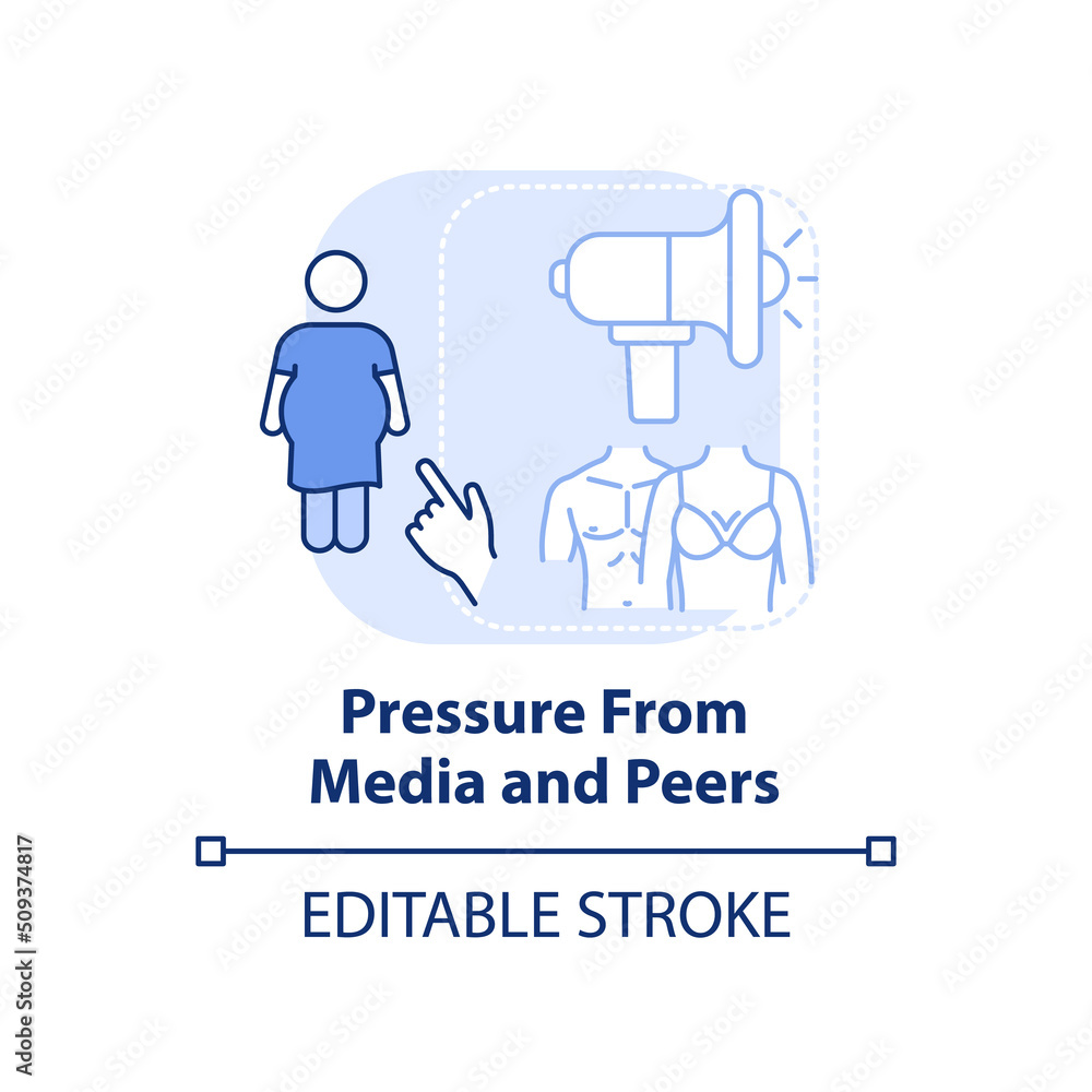 Pressure from media and peers light blue concept icon. Negative teenage ...