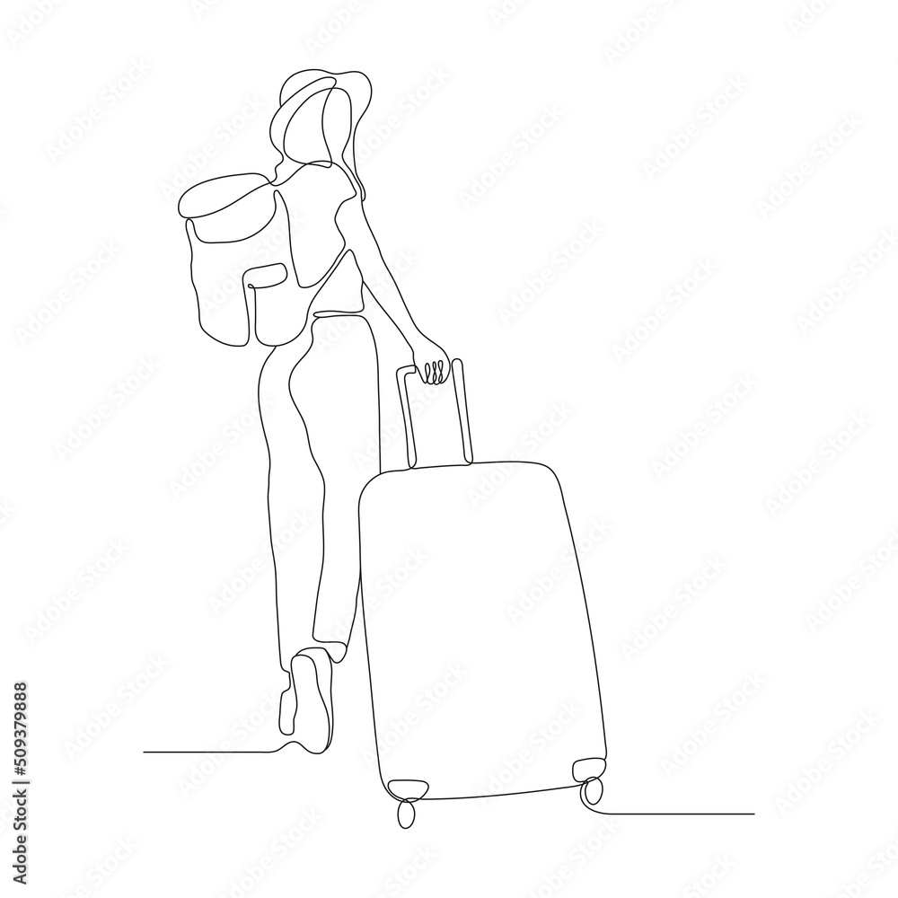 Continuous Line art or One Line Drawing of a Travel girl with a ...