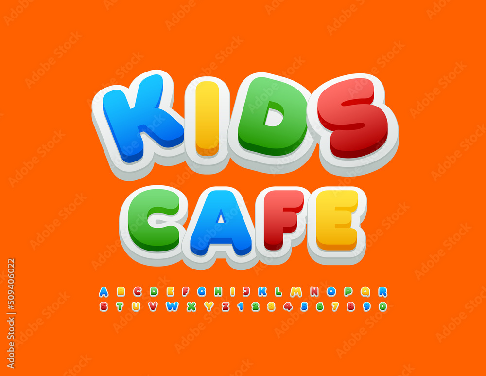 Vector cute emblem Kids Cafe. Bright modern Font. Set of colorful Alphabet Letters and Numbers ...