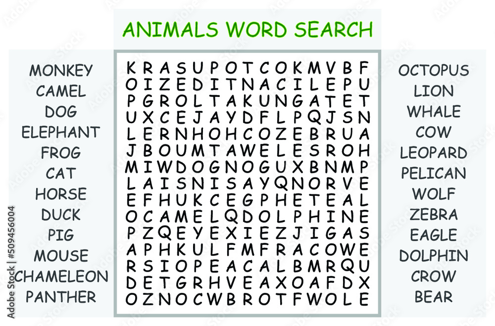 Animals word search puzzle vector Stock Vector | Adobe Stock
