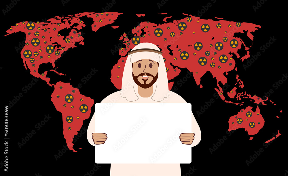 Arabian man protests with a poster on the background of the world map ...