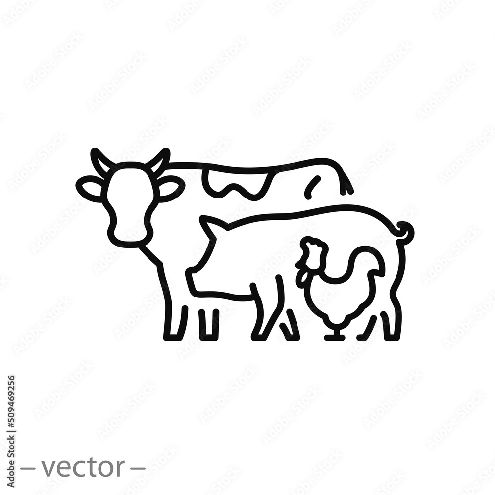 Vetor farm animals icon, cow, pig and chicken, group of pets, thin line ...