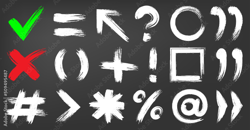Punctuation check mark sign ink chalk flat set. Highlight text math ...