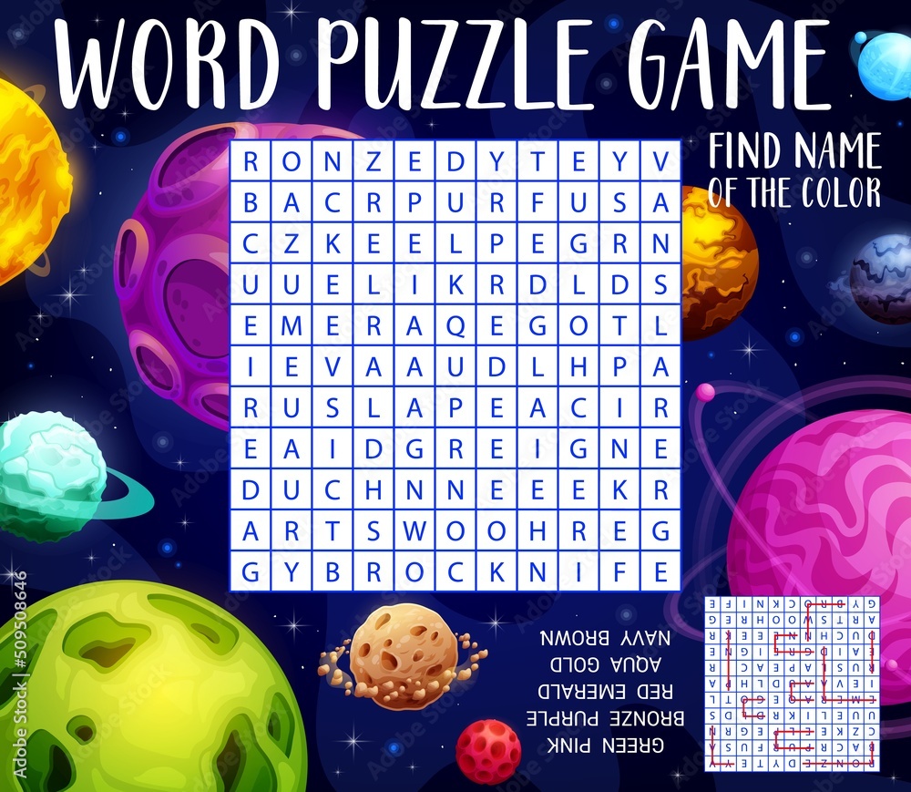 Stock-Vektorgrafik „Cartoon fantasy galaxy space planets word search ...