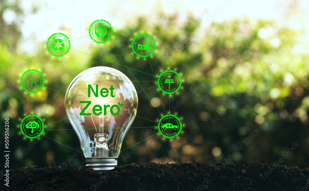 Net zero. Light bulb with icons with green background. In the Net zero ...