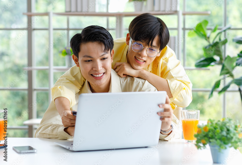 Two Asian young happy pride teenager male gay men lover couple partner ...