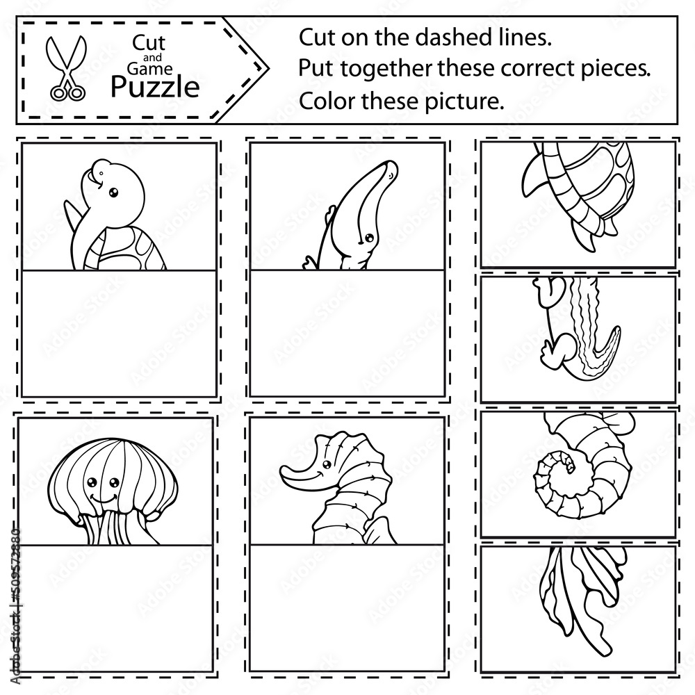 Coloring puzzle game. Kids activity printable page. Cut and play card ...