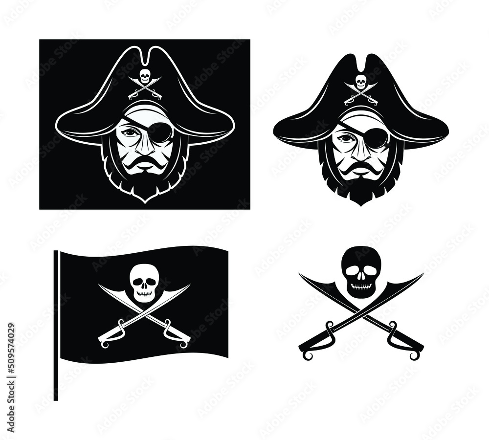 Vettoriale stock di Pirates symbols with Pirates signs and flag – one ...
