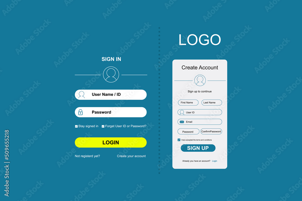 Login form page. Registration form. Website ui vector elements. Web log ...