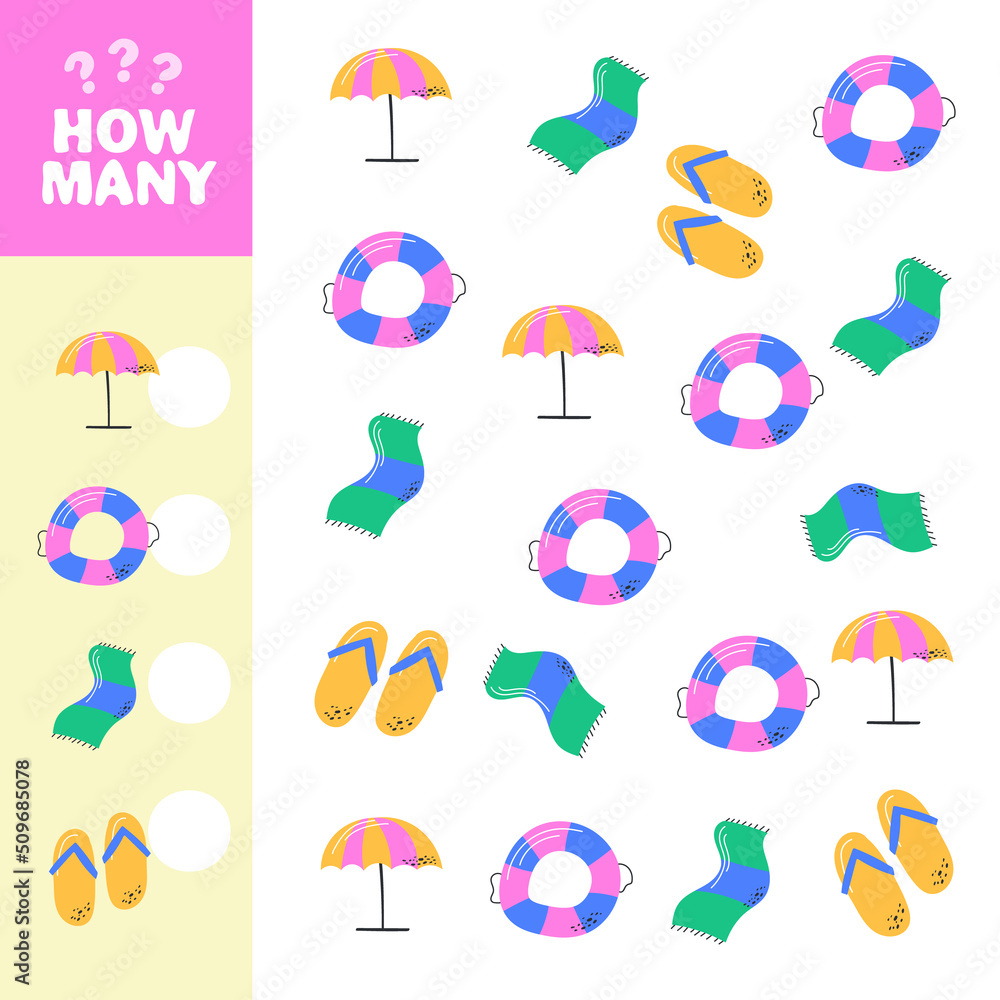 Counting game, how many summer elements. Educational children game ...
