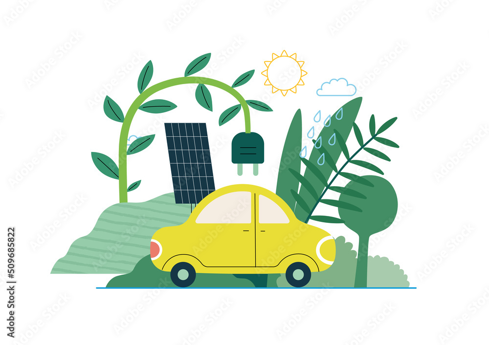Ecology - Electric car -Modern flat vector concept illustration of Solar panels and an electric ...