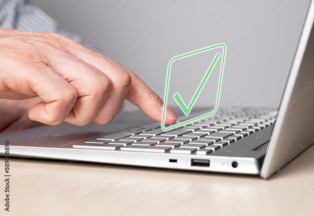 Hand at laptop keyboard with tick icon. Approval of smth, idea, project ...