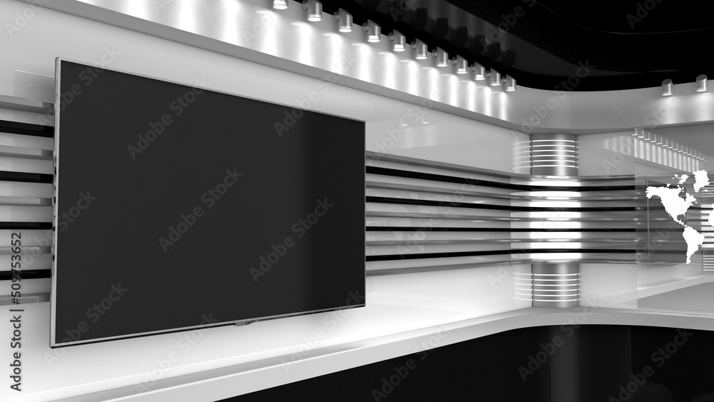 Tv Studio. Backdrop for TV shows. White background. TV on wall. News ...