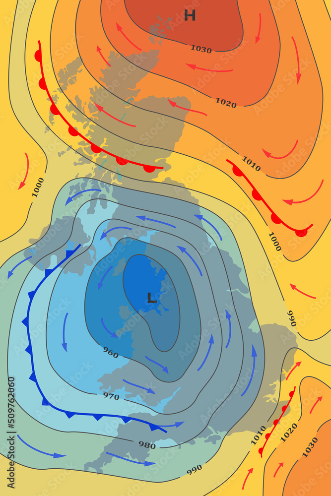 Weather forecast map of Great Britain. Movement of cold front to UK ...