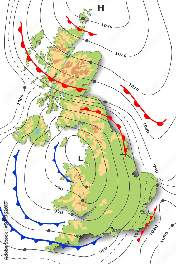 Forecast weather map of Great Britain. Meteorological, topography ...