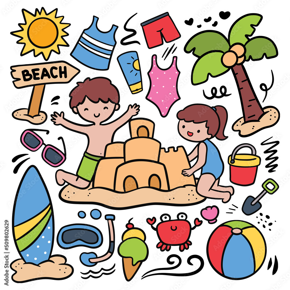 Cartoon Kids Building Sand Castle on the Beach, Summer Doodle Design ...