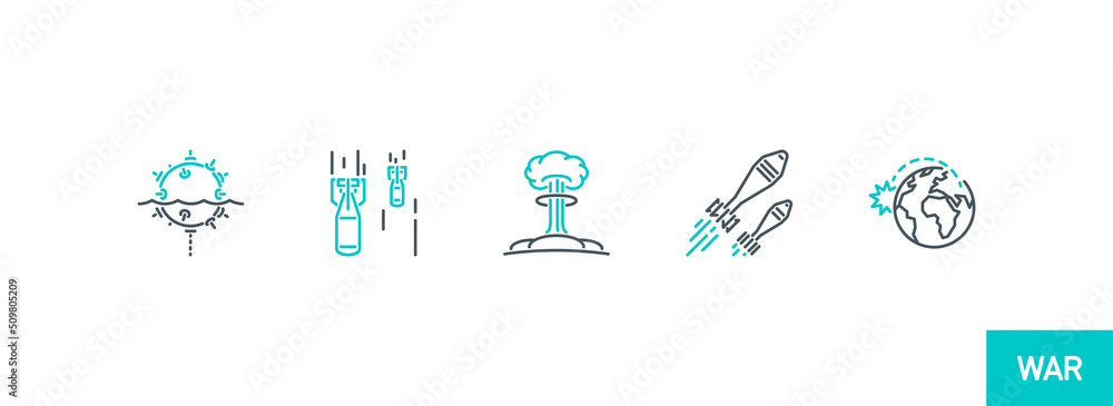 bombing with atomic aerial bombs line icon collection isolated on white ...