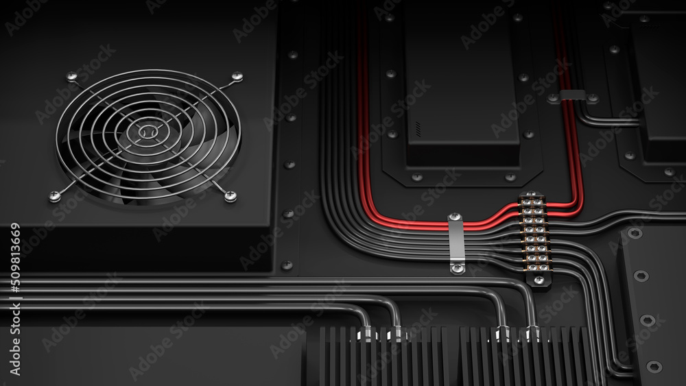 Dark technology background with electrical blocks, wires and cables ...