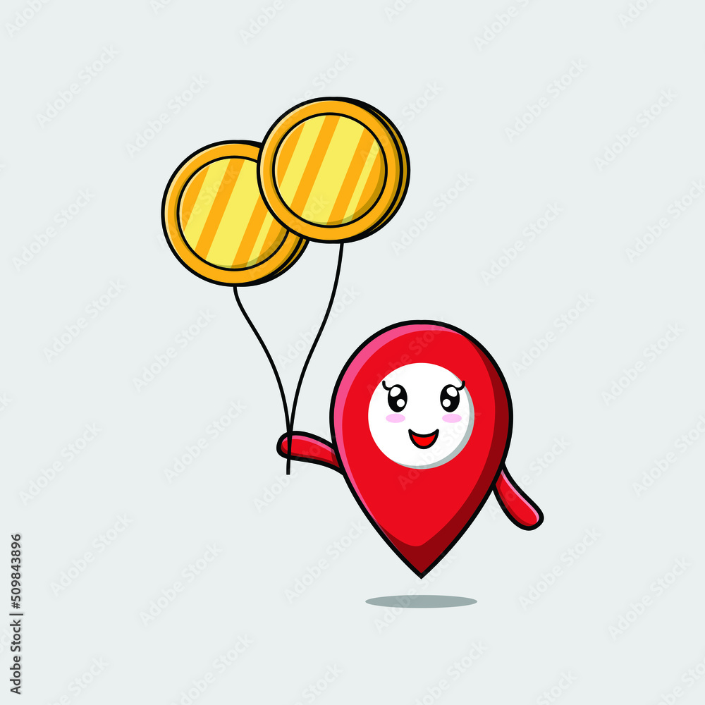 Cute cartoon pin location businessman floating with gold coin balloon ...