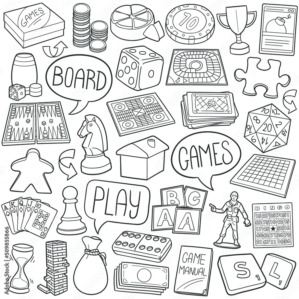 Board Games Doodle Icons. Hand Made Line Art. Recreation Clipart ...