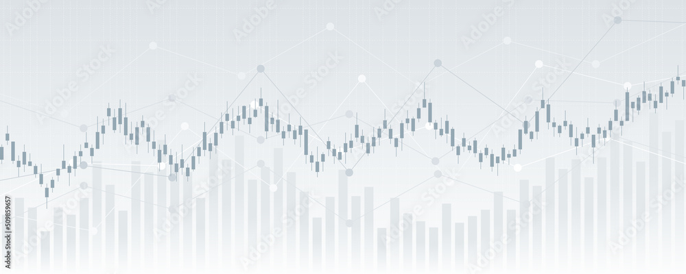 Widescreen abstract financial chart with uptrend line graph and candlestick on black and white ...