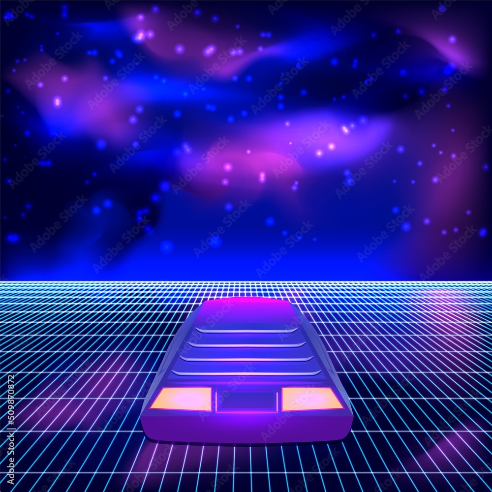 80s Retro Sci-Fi Background with Supercar. Vector futuristic synth retro wave posters style ...
